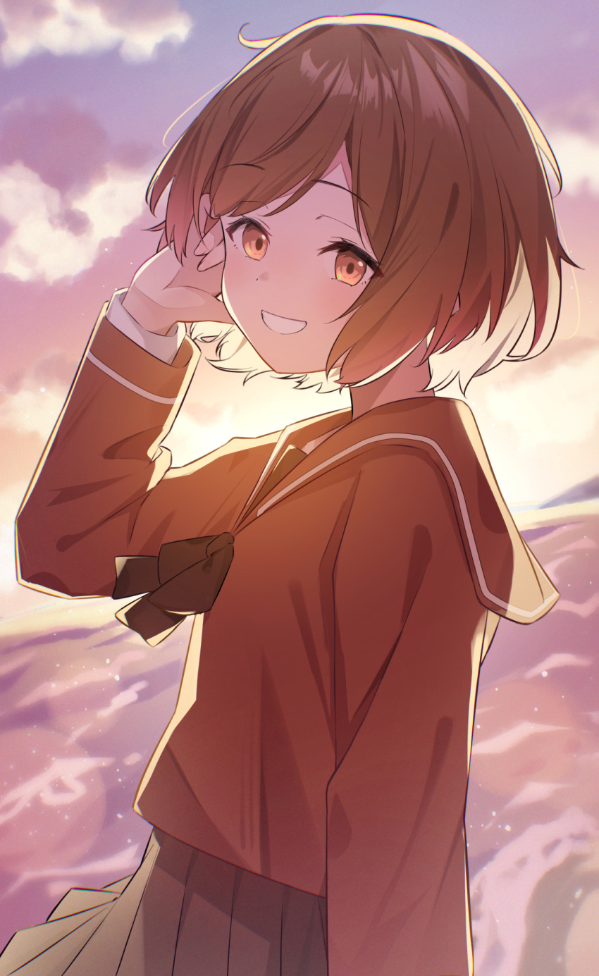 Safebooru - 1girl bow bowtie brown bow brown bowtie brown eyes brown hair brown sailor collar ...