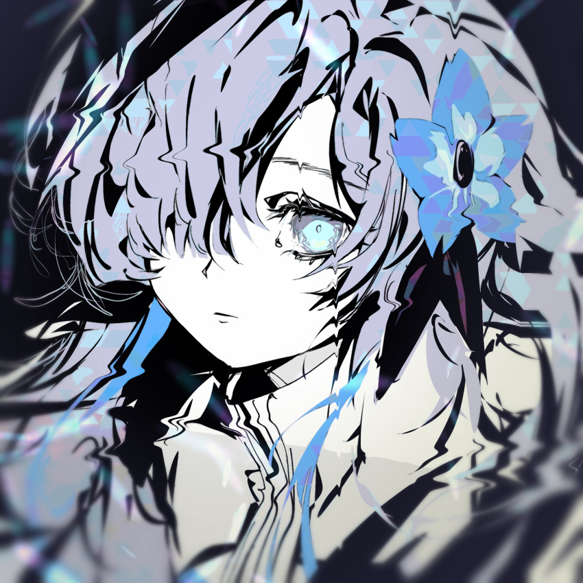Safebooru - 1girl amu (aa4122aa) anemone (flower) black background blank stare blue eyes blue ...