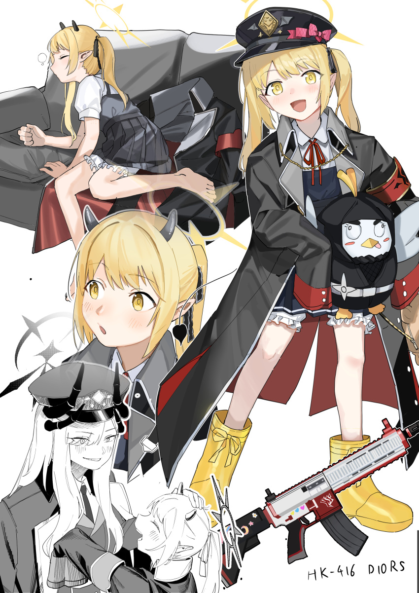 Safebooru - 2girls absurdres barefoot black coat black dress black hat black horns blonde hair ...