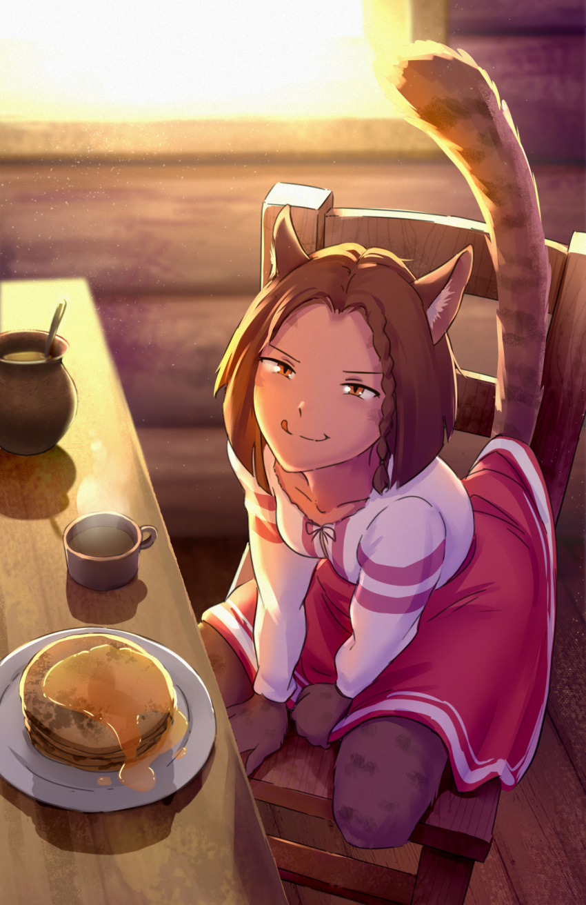 Safebooru - 1girl :p animal ears backlighting bloom body fur braid brown eyes brown hair cat ...