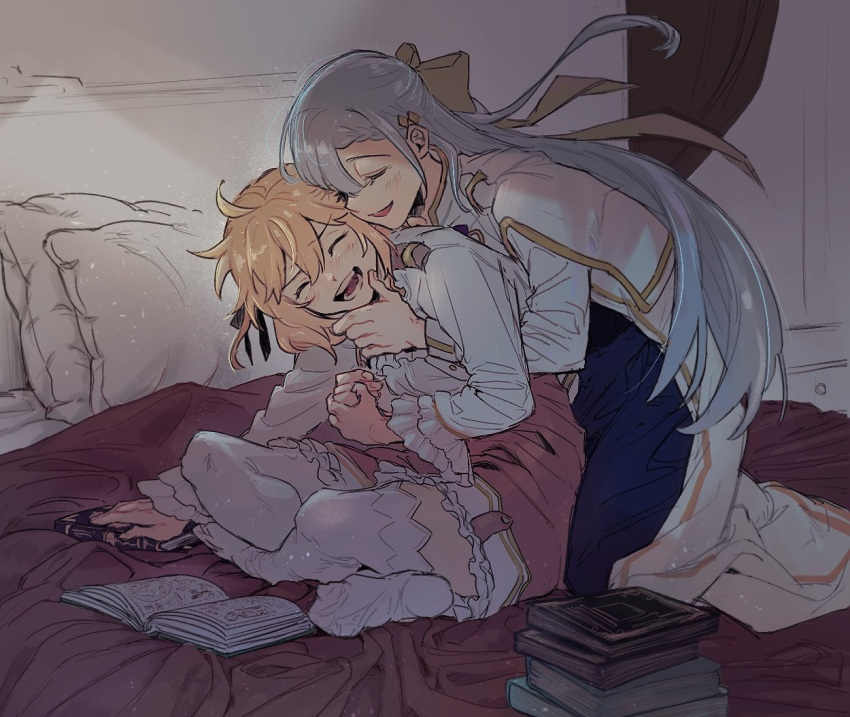 Safebooru - 2girls anisphia wynn palettia bed blonde hair blue skirt blush book book stack ...