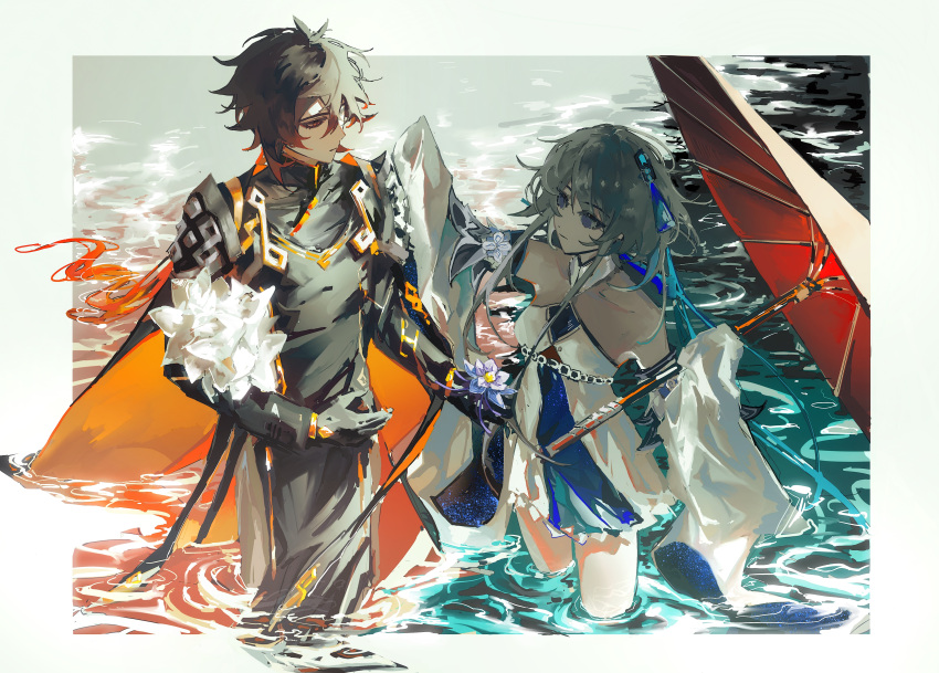 Safebooru - 1boy 1girl absurdres black gloves black hair blue eyes brown hair changpao chinese ...