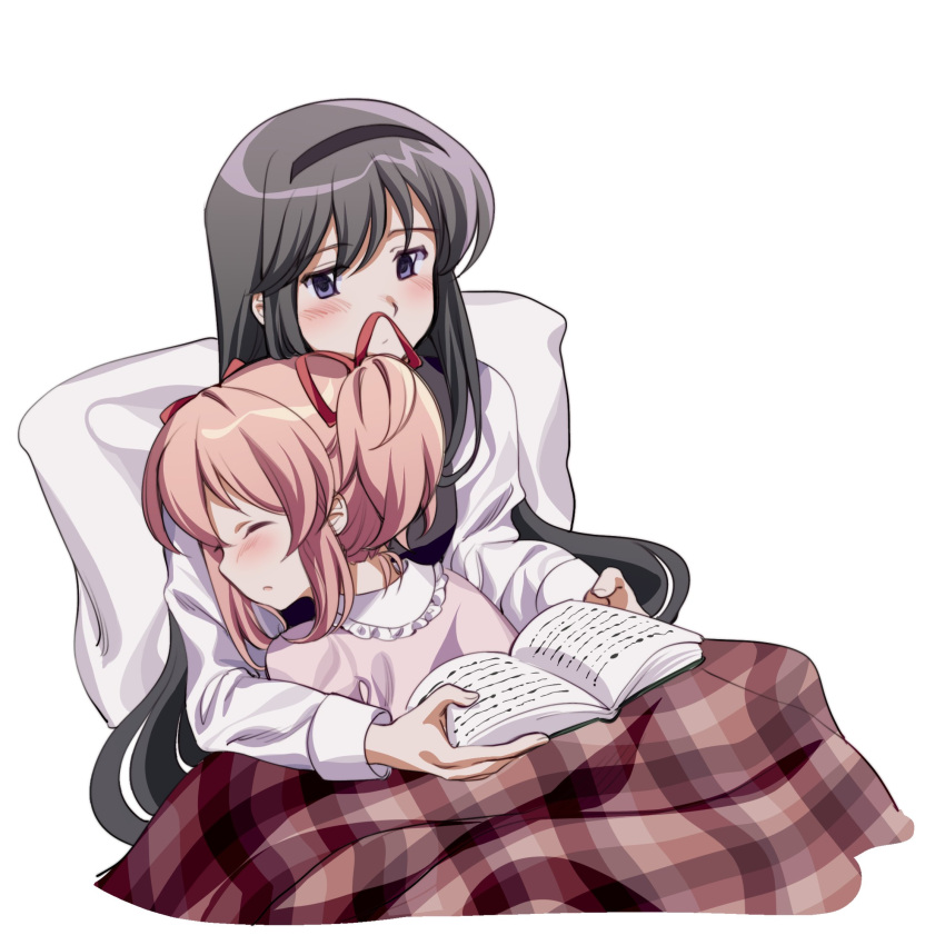 Safebooru - 2girls akemi homura black hair blush book bow closed eyes cuddling hairband highres ...