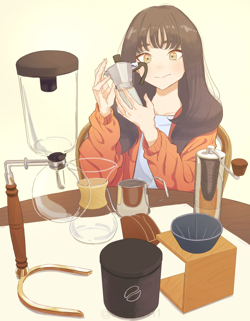 Safebooru - 1girl absurdres brown hair carafe cardigan chair closed mouth coffee grinder coffee ...