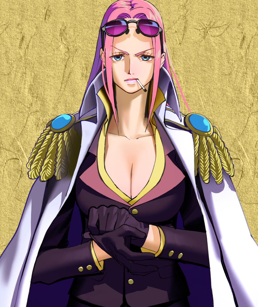 Safebooru - 1girl adjusting clothes adjusting gloves blue eyes buttons cigarette coat coat on ...