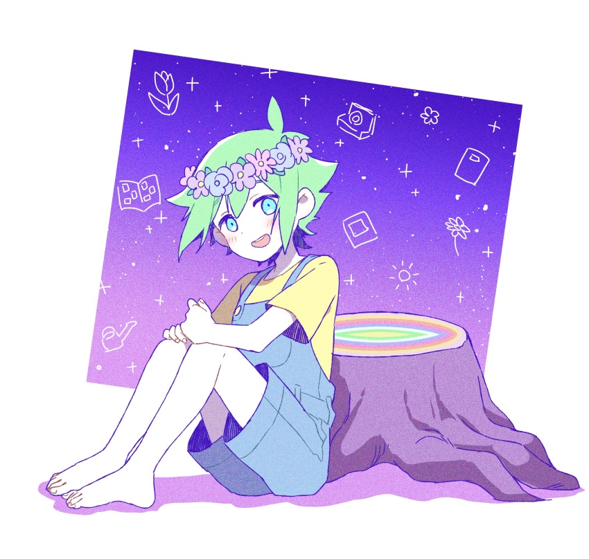 Safebooru - 1boy absurdres barefoot basil (headspace) (omori) basil (omori) blue overalls blush ...