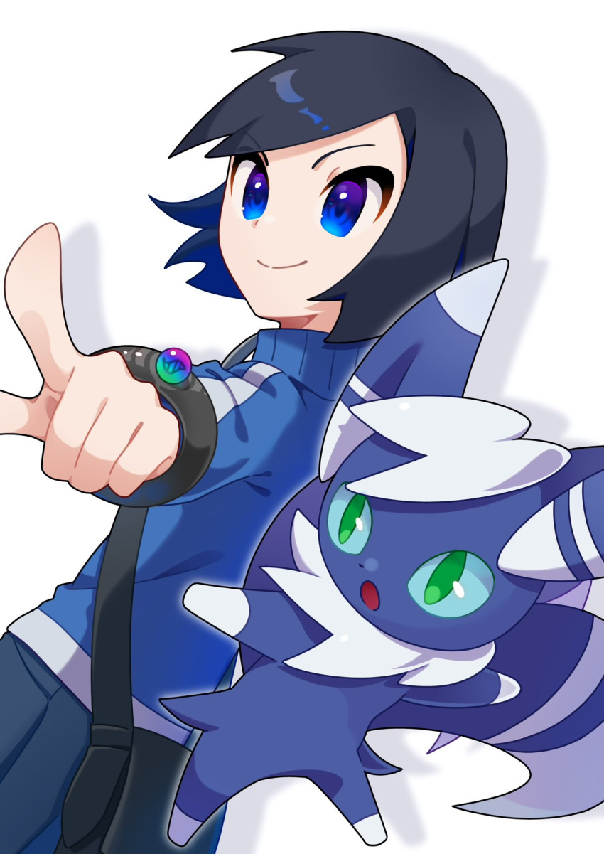 Safebooru - 1boy bag black bag black hair blue eyes blue jacket bracelet calem (pokemon) closed ...