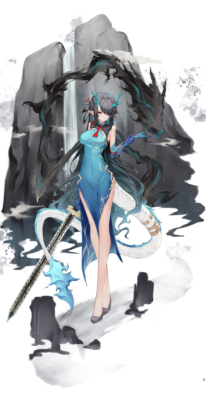 Safebooru - 1girl absurdres aoria aqua dress arknights black hair china dress chinese clothes ...