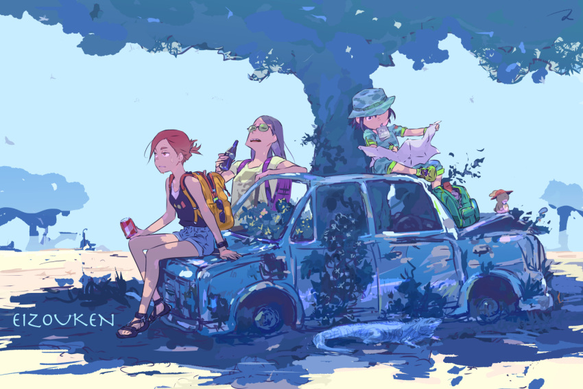 Safebooru - 3girls abandoned asakusa midori backpack bag black hair brown eyes brown hair bucket ...