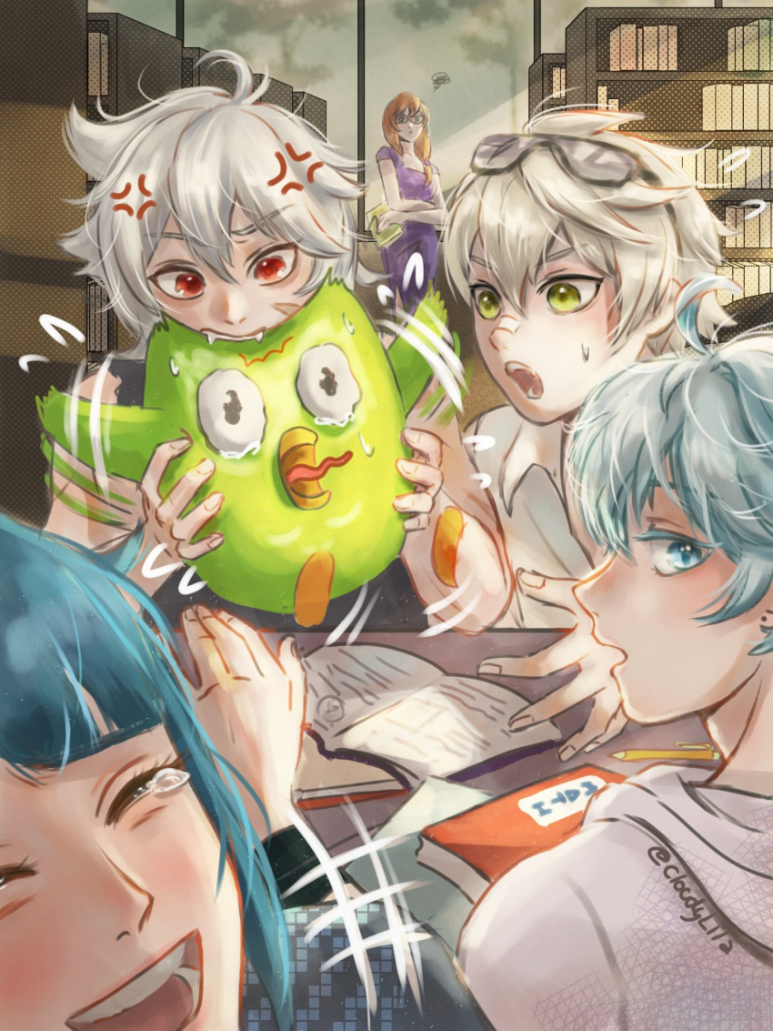 Safebooru - 1girl 4boys anger vein bennett (genshin impact) blue eyes blue hair book chongyun ...