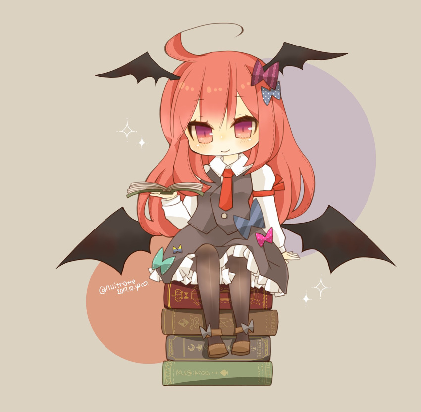 Safebooru - 1girl bat wings book bow chibi demon wings hair bow head ...