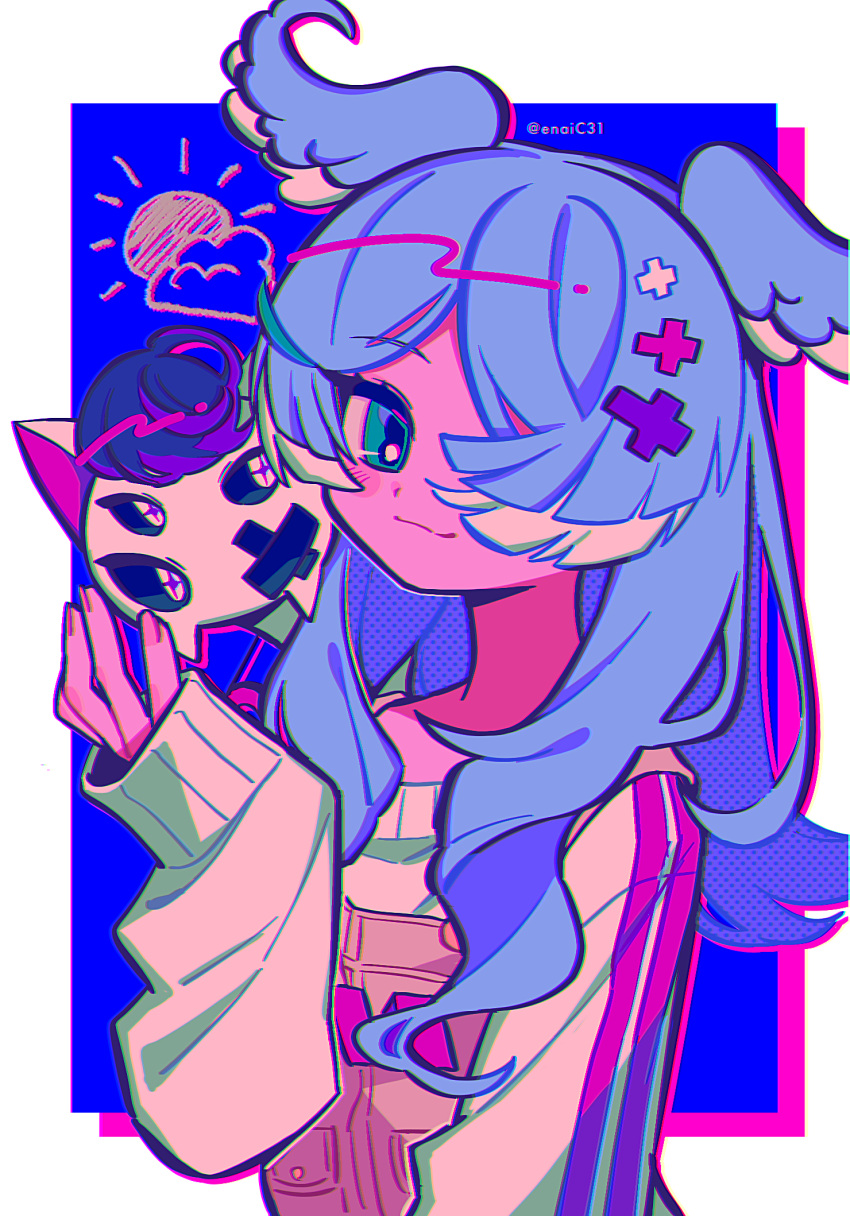 Safebooru - 1girl blue hair border brown overalls closed mouth cross hair ornament elira pendora ...