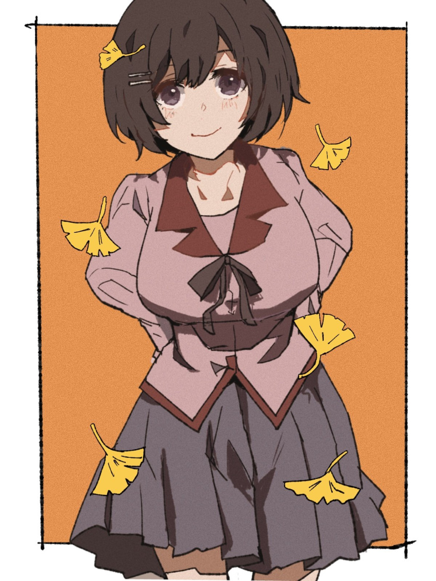Safebooru 1girl Arms Behind Back Black Hair Border Bow Breasts Closed 2944