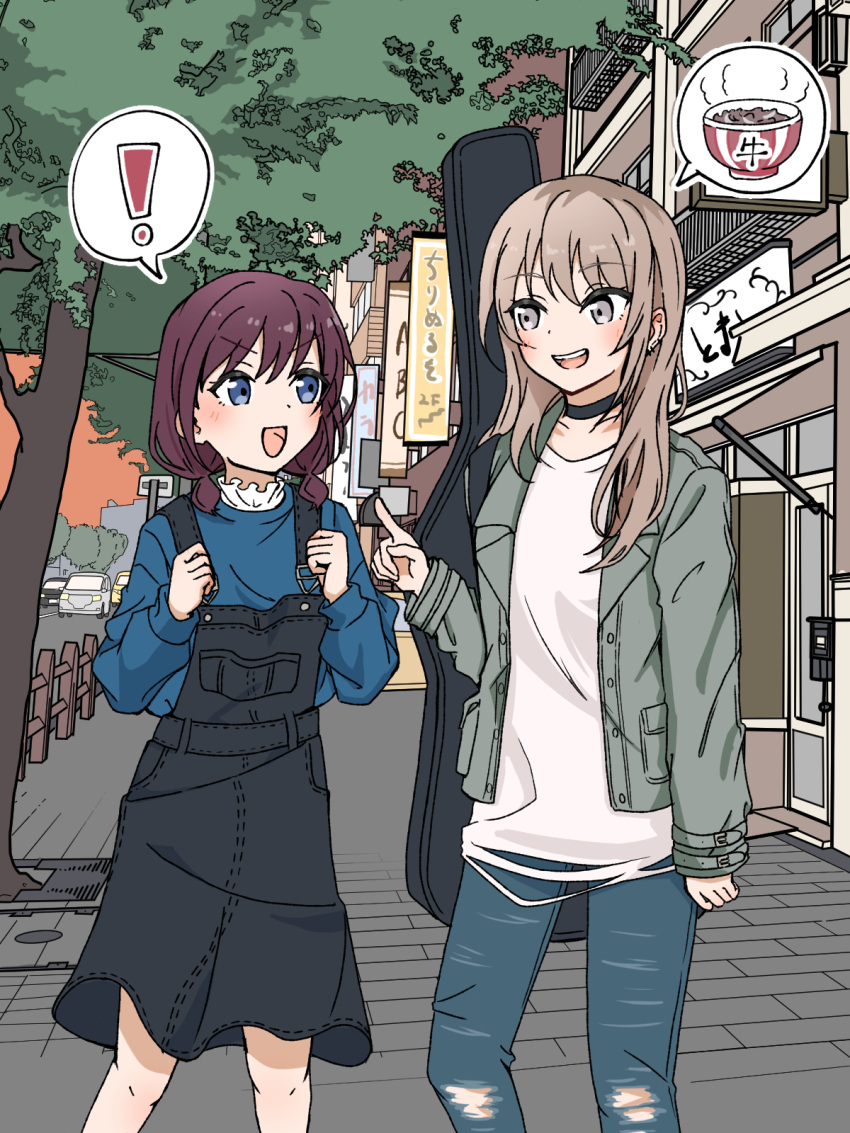 Safebooru - ! 225 peke 2girls black choker black skirt blue shirt blue shorts blush building car ...