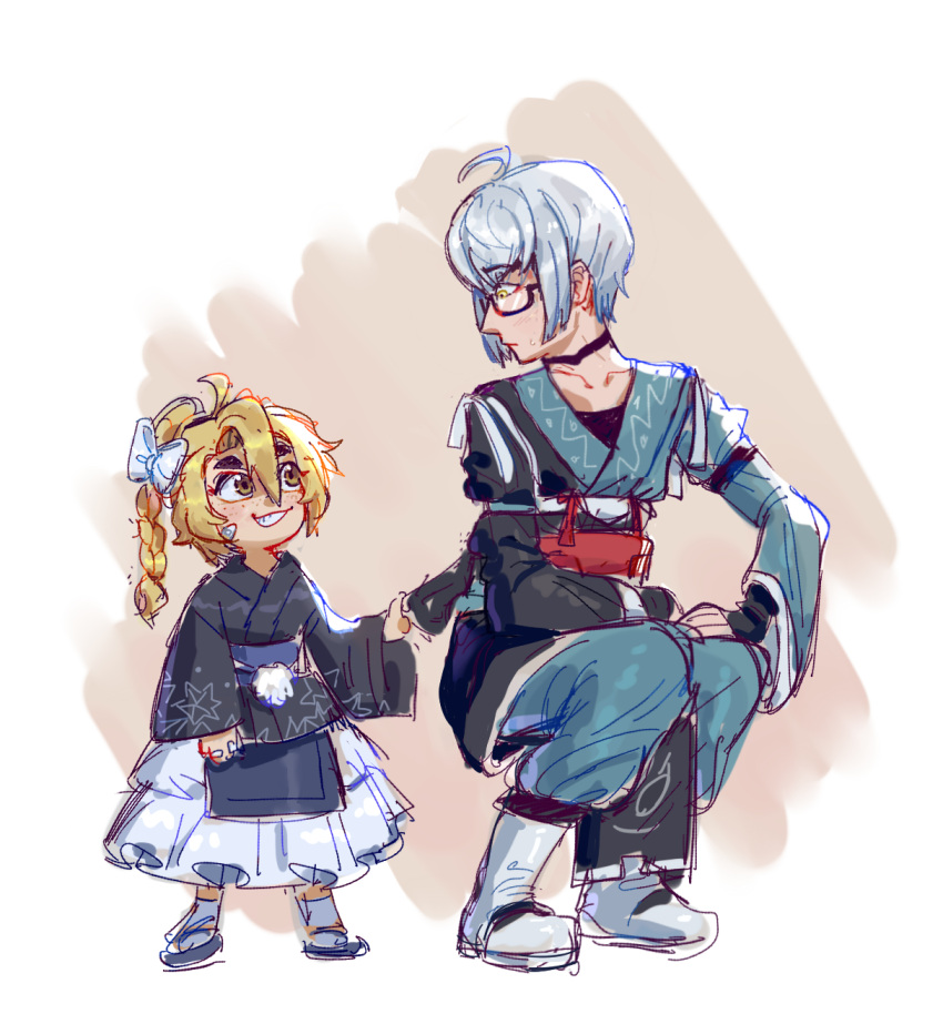 Safebooru - 1boy 1girl aged down ahoge alternate costume black-framed eyewear black footwear ...