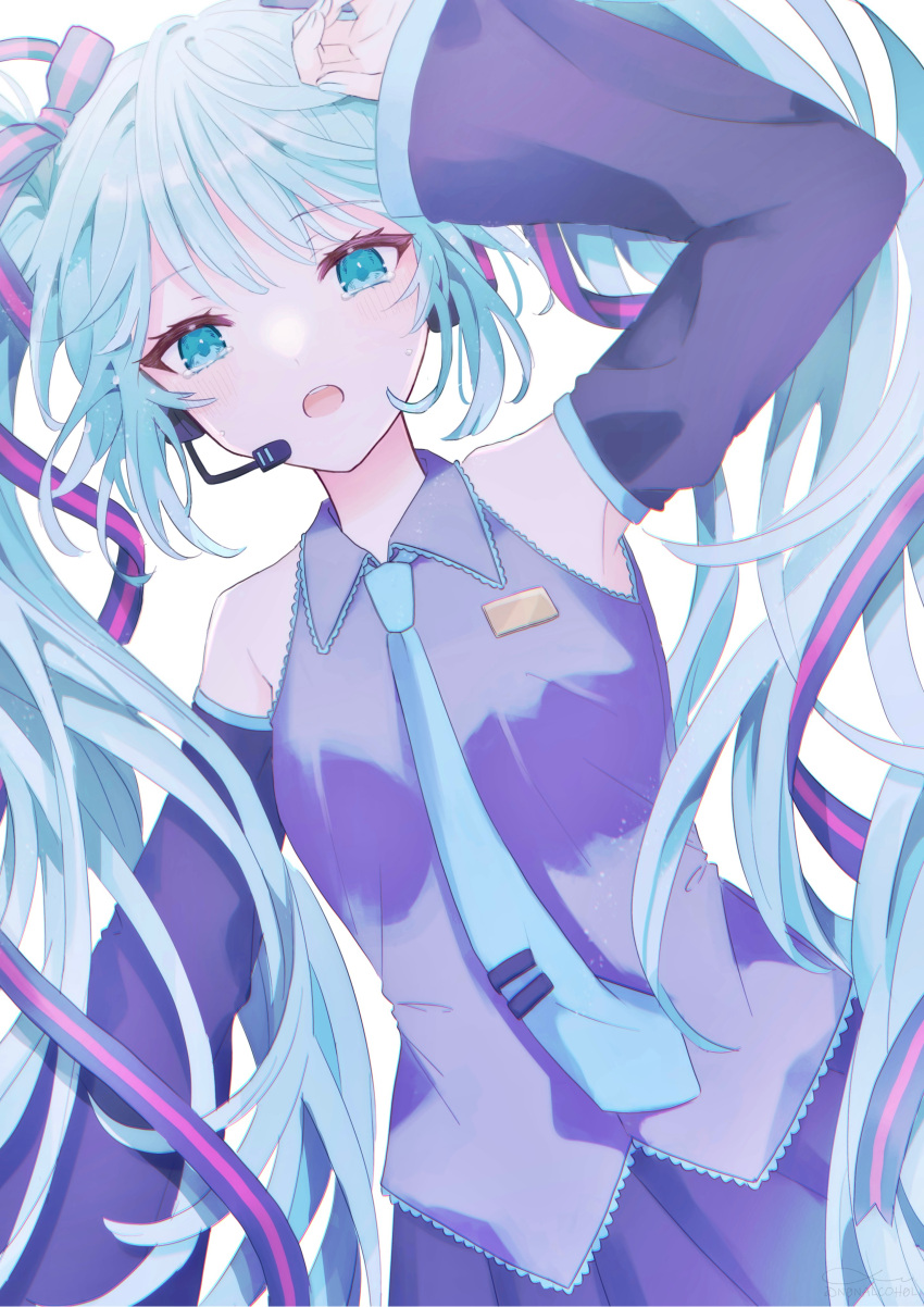 Safebooru - 1girl absurdres aqua eyes aqua hair aqua necktie arm up artist name black ribbon ...