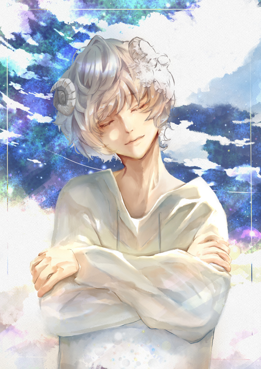 Safebooru - 1boy absurdres blue sky closed eyes closed mouth clouds commentary request crossed ...