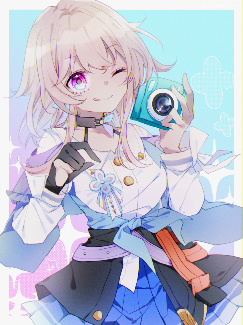 Safebooru - 1girl black choker black corset black gloves blue background blue eyes blue jacket ...