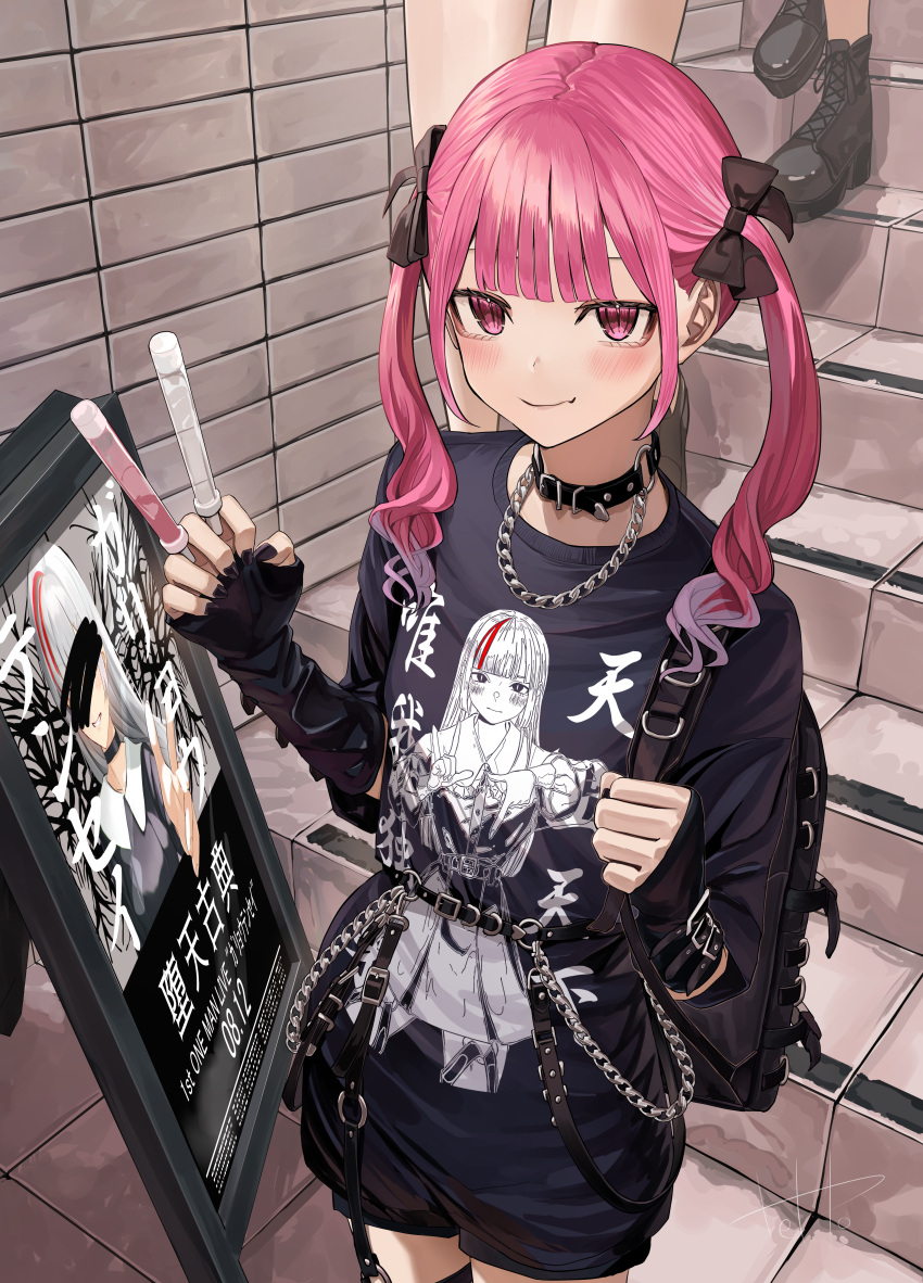 Safebooru - 3girls absurdres bag belt billboard black arm warmers black bag black belt black bow ...