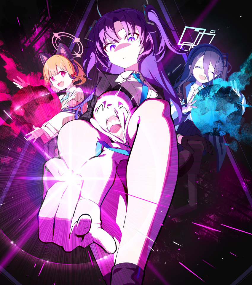 Safebooru - 1boy 3girls animal ear headphones animal ears aris (blue archive) arm between legs ...