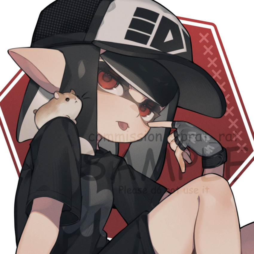Safebooru - 1girl :p akanbe animal on shoulder baseball cap black hair black shirt black shorts ...