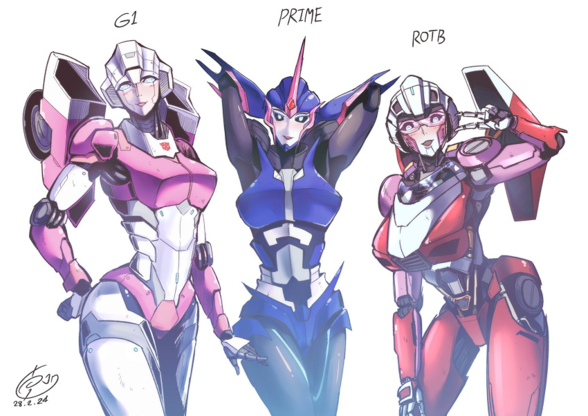 Safebooru - 3girls arcee armpits arms behind head black sclera blue eyes colored sclera dated ...