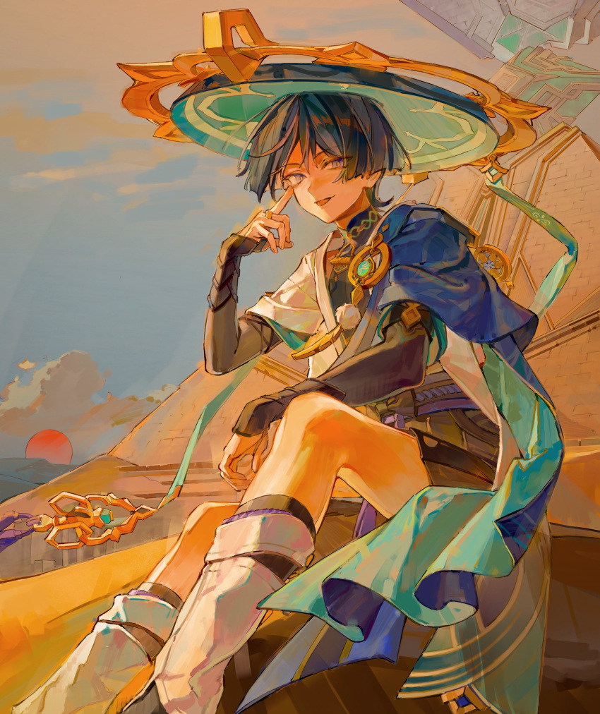 Safebooru - 1boy arm armor armor arms on knees belt black hair blue ...