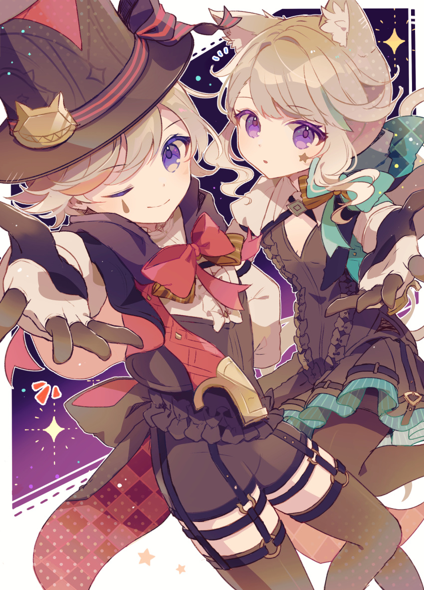 Safebooru - 1boy 1girl :o ;) absurdres animal ears arm up black corset black gloves black ...