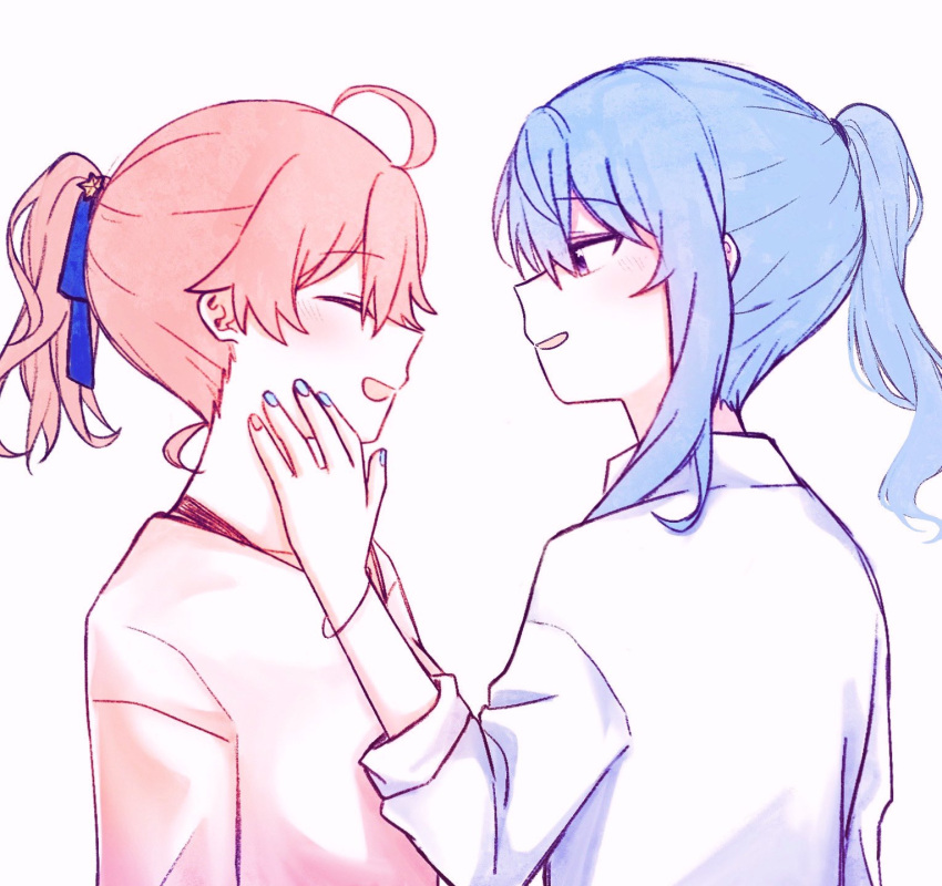 Safebooru - 2girls blue eyes blue hair blue nails blue ribbon blue shirt blush bracelet closed ...
