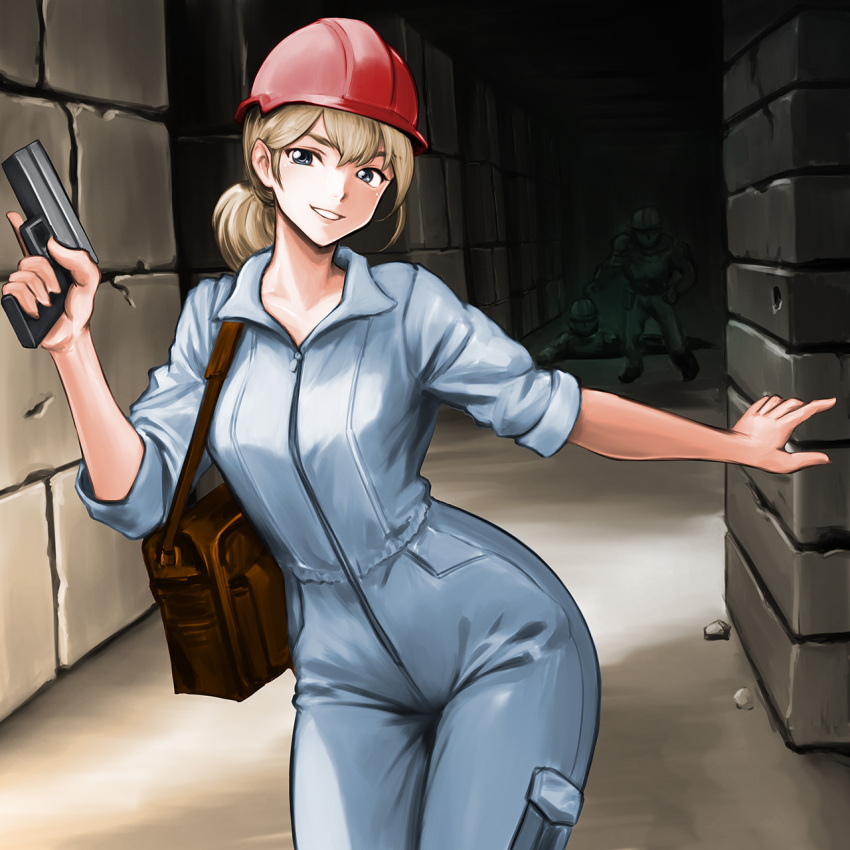 Safebooru - 1girl bag blue eyes blue jumpsuit brown bag grin gun hair between eyes hand up ...