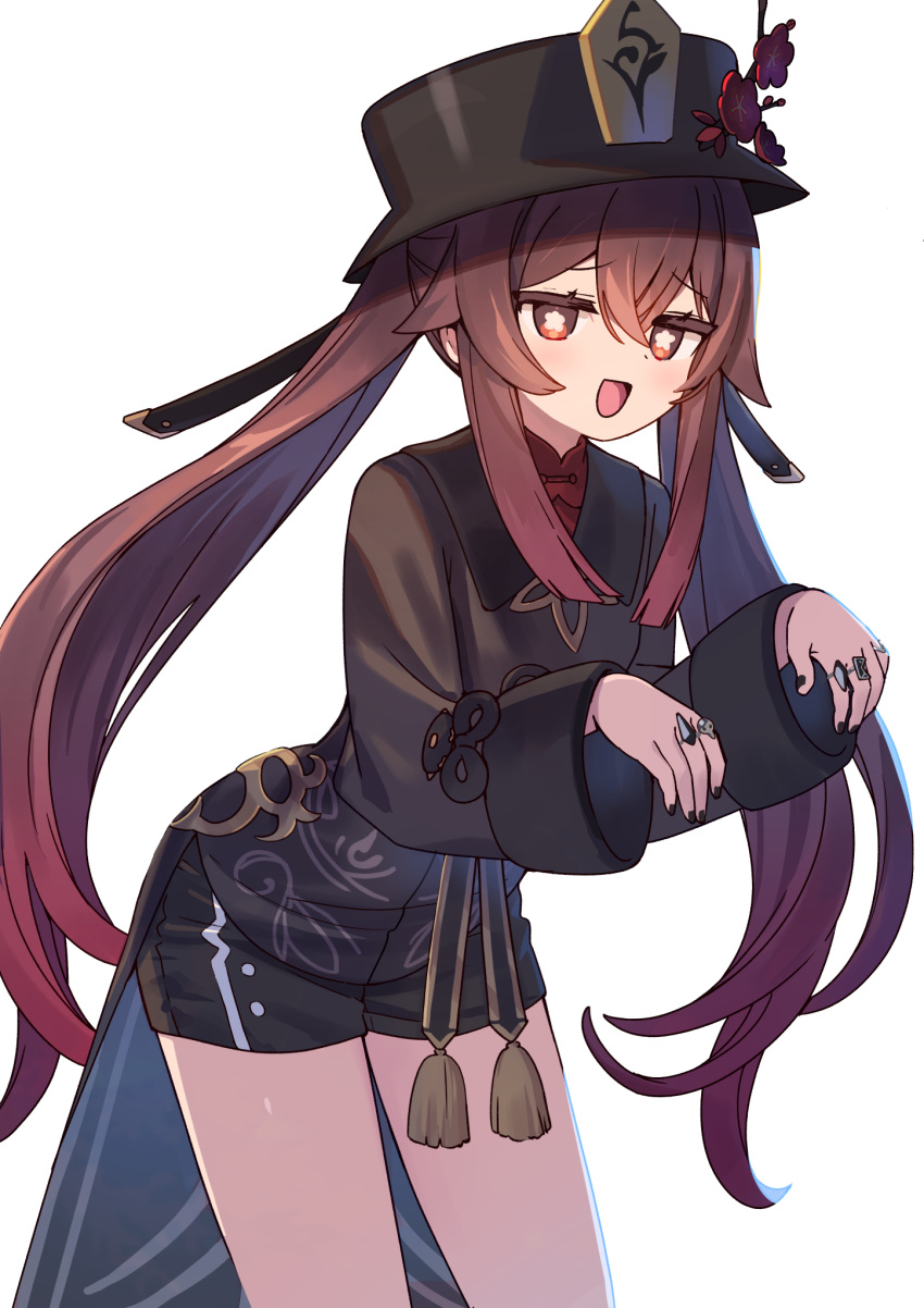Safebooru - 1girl black nails black shirt black shorts blurry boo tao ...