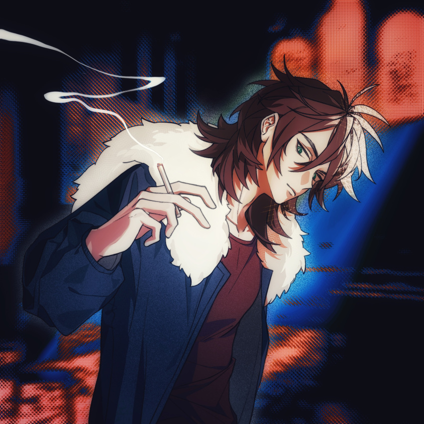 Safebooru - 1boy blue jacket brown hair chinese commentary cigarette closed mouth commentary ...