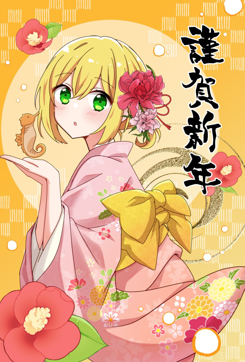 Safebooru - blonde hair enkichi fish floral print flower green eyes ...