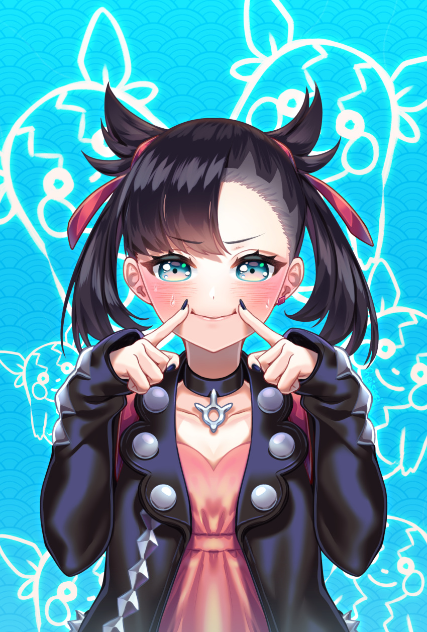 Safebooru - 1girl absurdres aqua eyes asymmetrical bangs black choker black hair black jacket ...