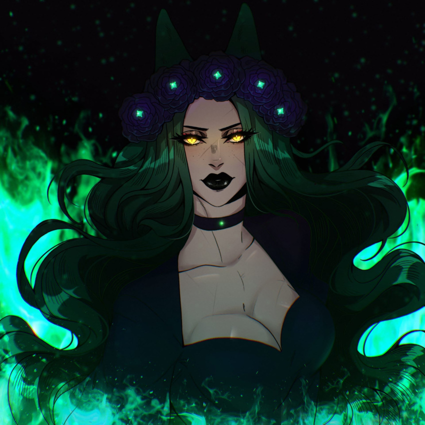 Safebooru - 1girl black dress black lips breasts choker cleavage collarbone commission dark ...