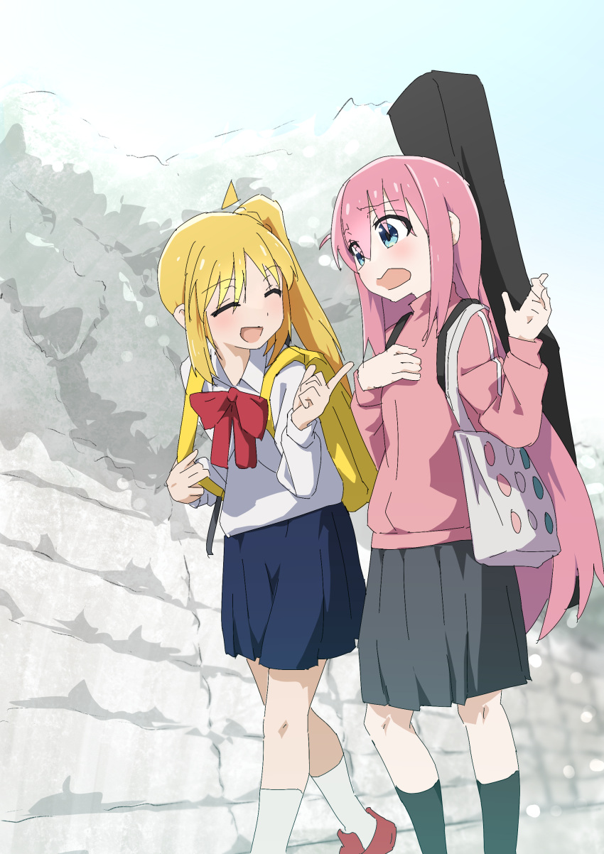 Safebooru - 2girls ^ ^ absurdres ahoge backpack bag black socks blonde hair blue eyes blue skirt ...