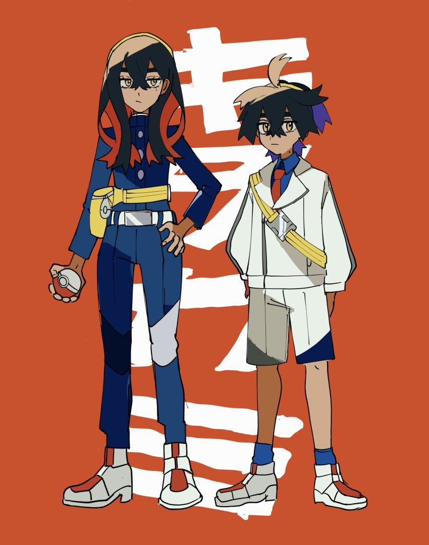 Safebooru - 1boy 1girl :/ :| black hair blue jacket blue pants blue shirt blue socks brother and ...