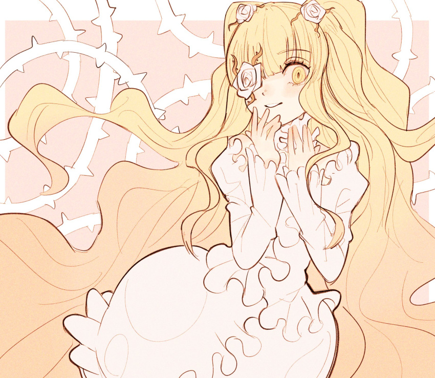 Safebooru - 1girl blonde hair dress flower flower over eye highres kirakishou long hair looking ...