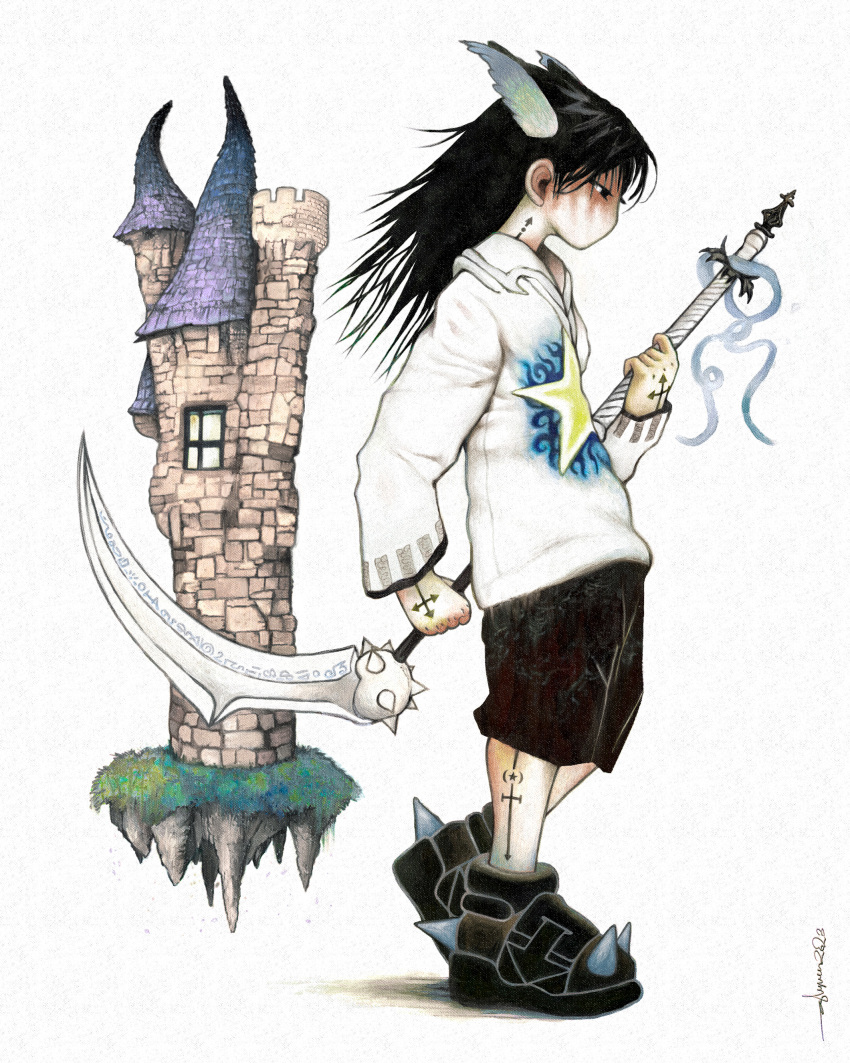 Safebooru - 1girl absurdres black eyes black footwear black hair black shorts castle floating ...
