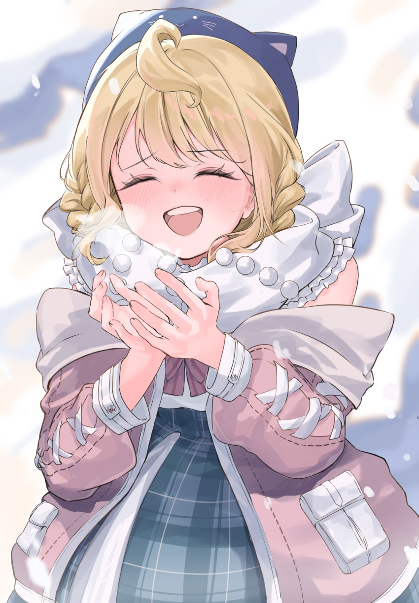 Safebooru - 1girl ahoge animal hat blue dress blush braid breath cat hat closed eyes coat dress ...