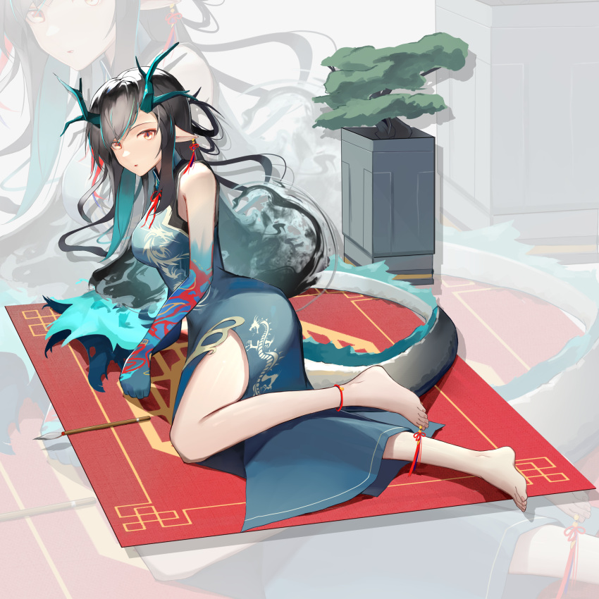 Safebooru - 1girl arknights black hair china dress chinese clothes dragon girl dragon horns ...