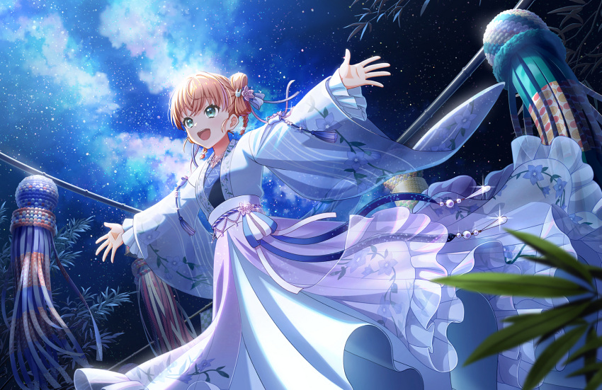Safebooru - 1girl :d aqua eyes blue kimono crossed bangs feet out of ...