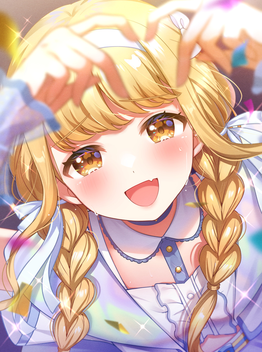 Safebooru - 1girl absurdres aqua sleeves blonde hair blue skirt blush braid frilled wristband ...