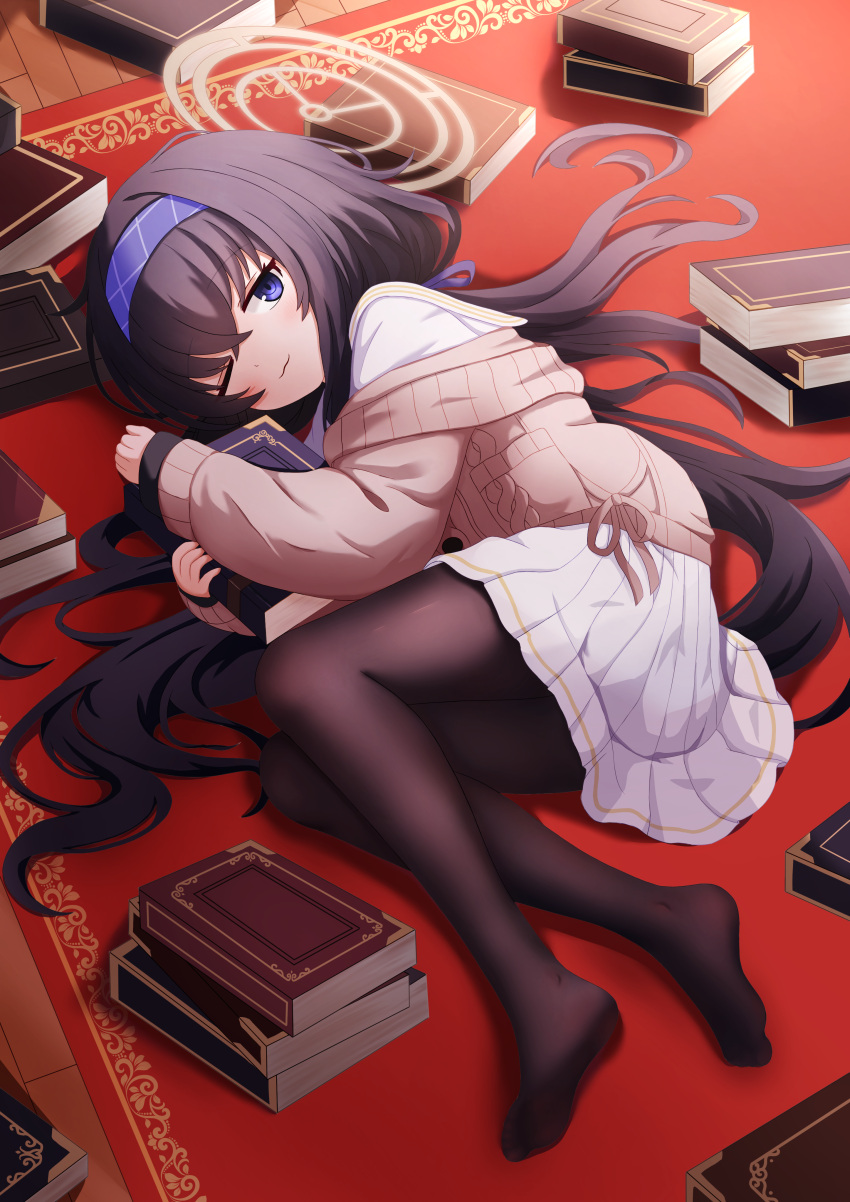 Safebooru - 1girl absurdres black hair black pantyhose blue archive blue eyes blue hairband book ...