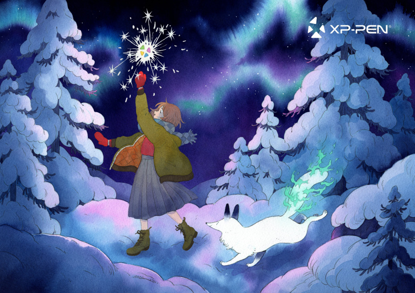 Safebooru - 1girl absurdres animal arctic fox arm up aurora black ears ...