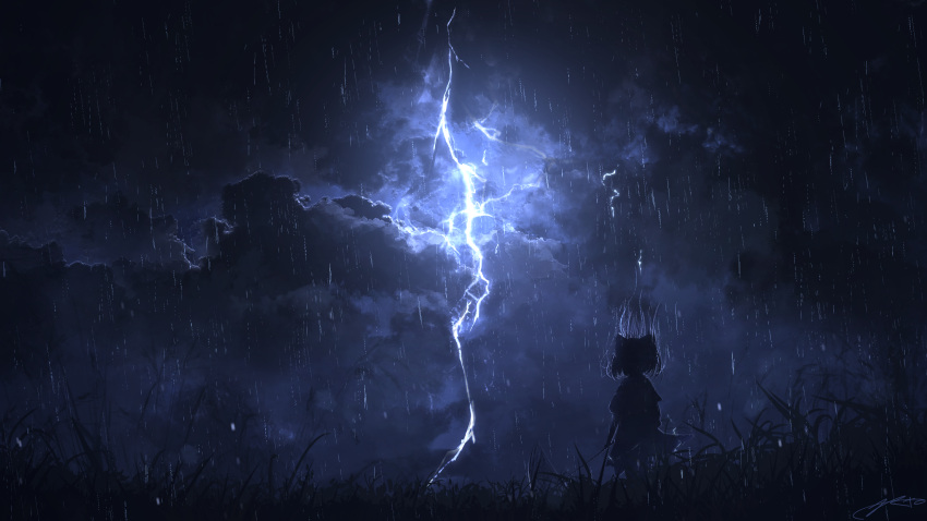 Safebooru - 1girl animal ears clouds cloudy sky highres lightning night ...