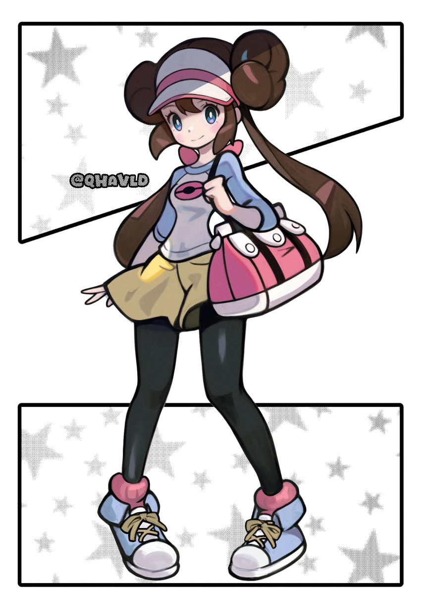 Safebooru - 1girl bag black pantyhose blue eyes bright pupils brown hair closed mouth double bun ...