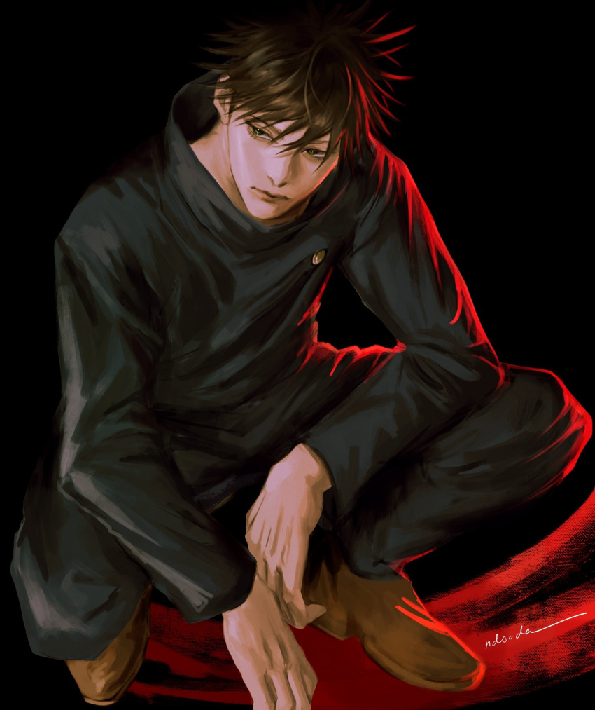 Safebooru - 1boy black background black eyes black hair black jacket black pants brown footwear ...