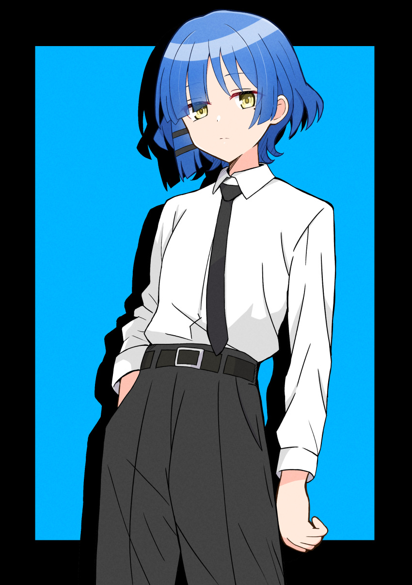 Safebooru - 1girl absurdres asymmetrical hair belt black necktie black pants blue hair bocchi ...