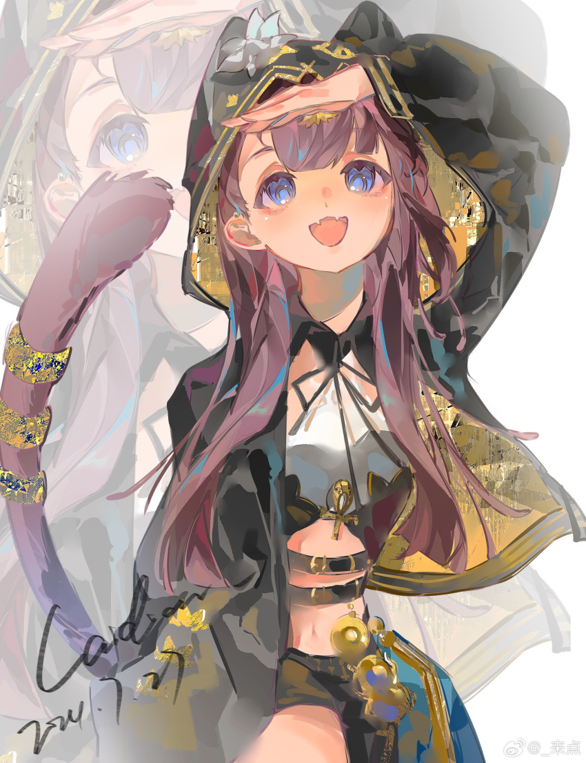 Safebooru - 1girl :d absurdres animal ear hood arknights artist name black hood blue eyes brown ...